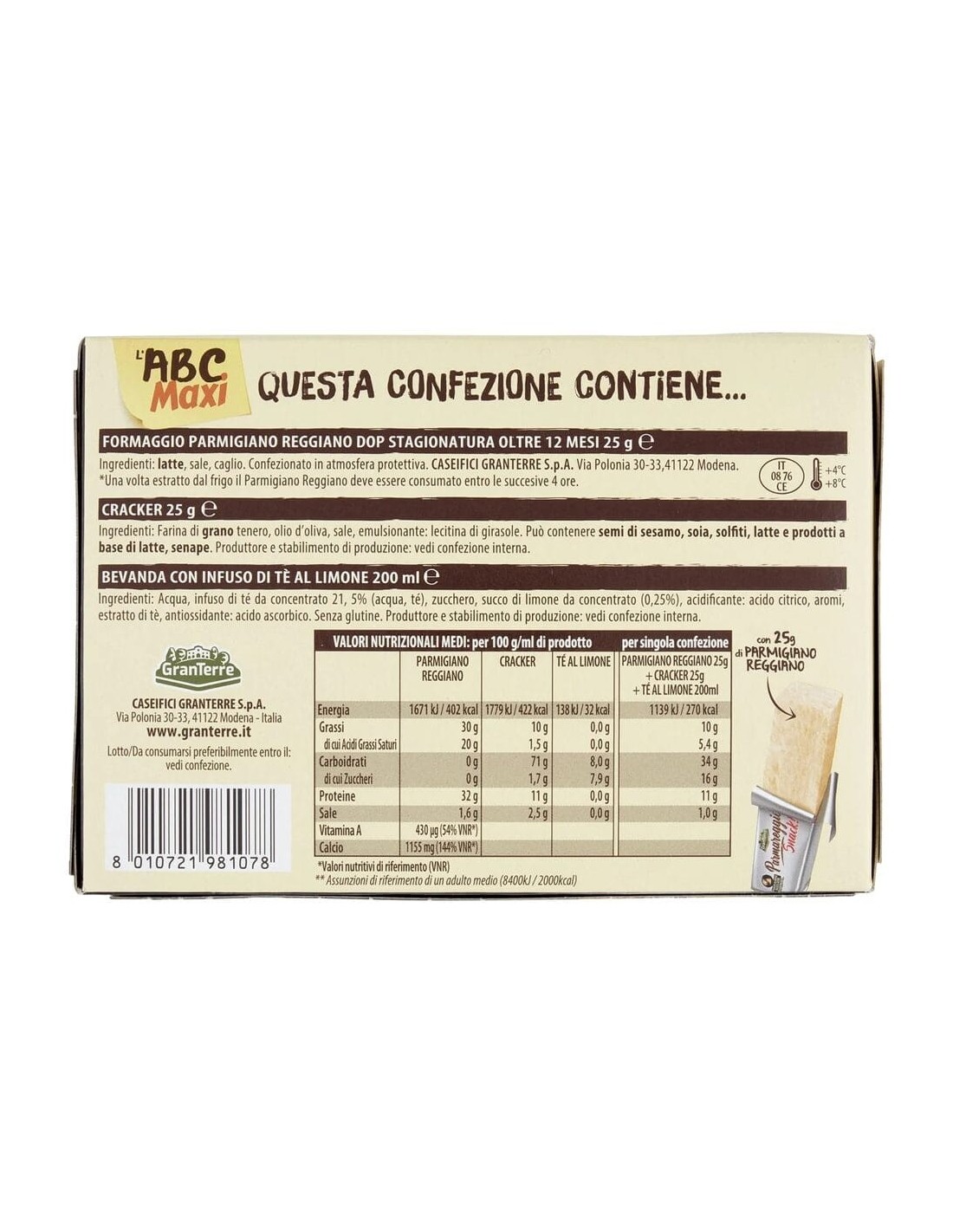 Parmareggio ABC Maxi Snack di Parmigiano/The al limone/Cracker- 200 gr ...