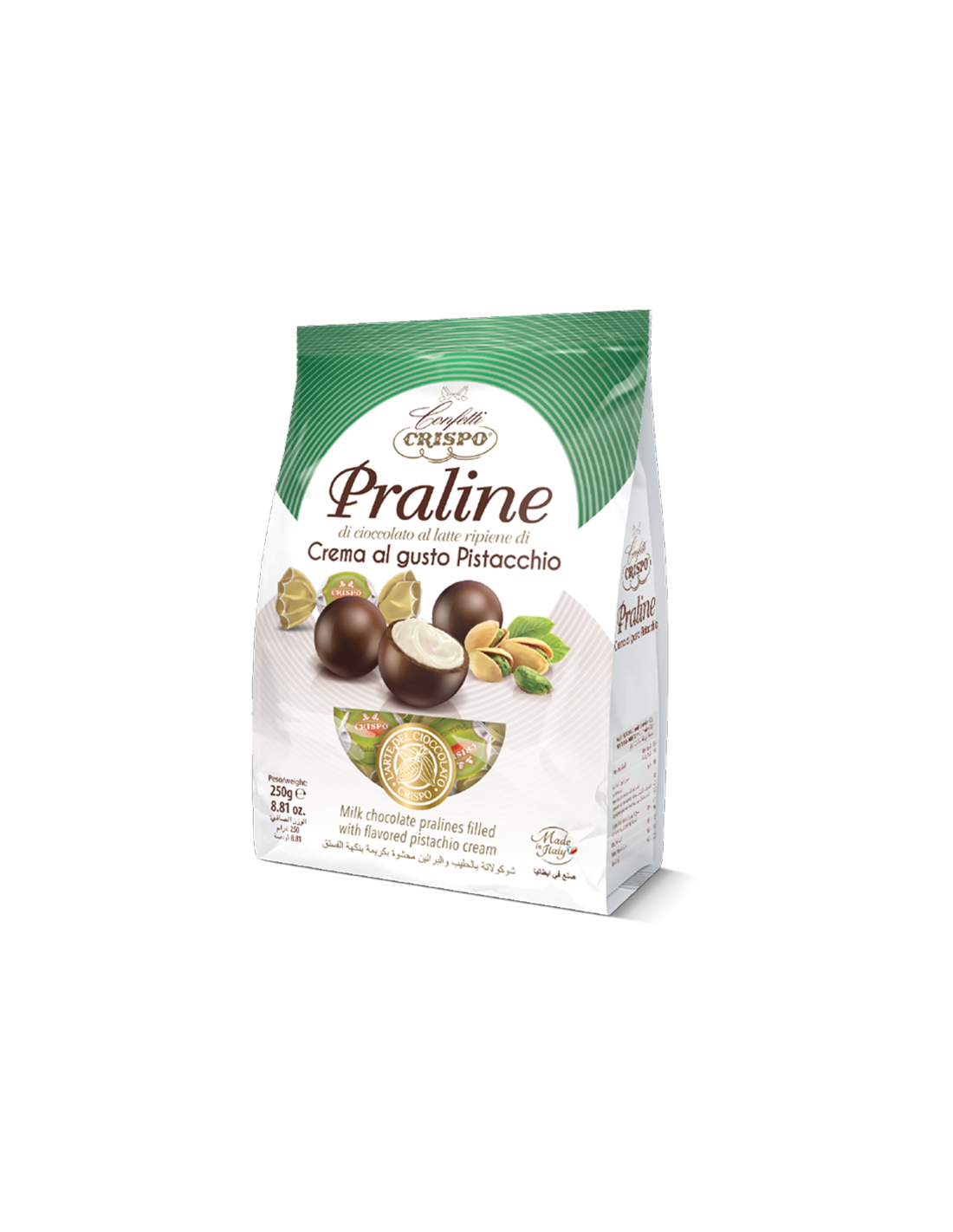 Crispo Milk Pistachio Pralines Rich Flavor, Creamy Chocolate Delight
