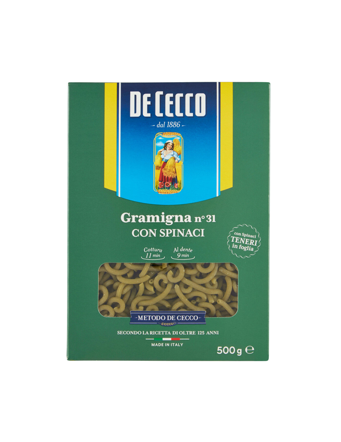 Spinach Gramigna Pasta by De Cecco Quality and Flavor